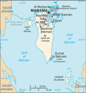 Map of Bahrain featuring cities, main roads, surrounding Gulf of ...